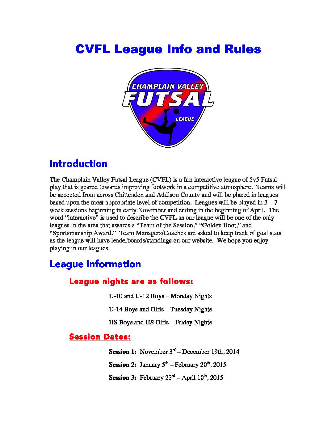 CVFL Rules and Info – Addison United